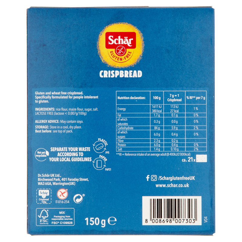 Schar Gluten-Free Crisp Bread, 150g : Snacks fast delivery by App or Online