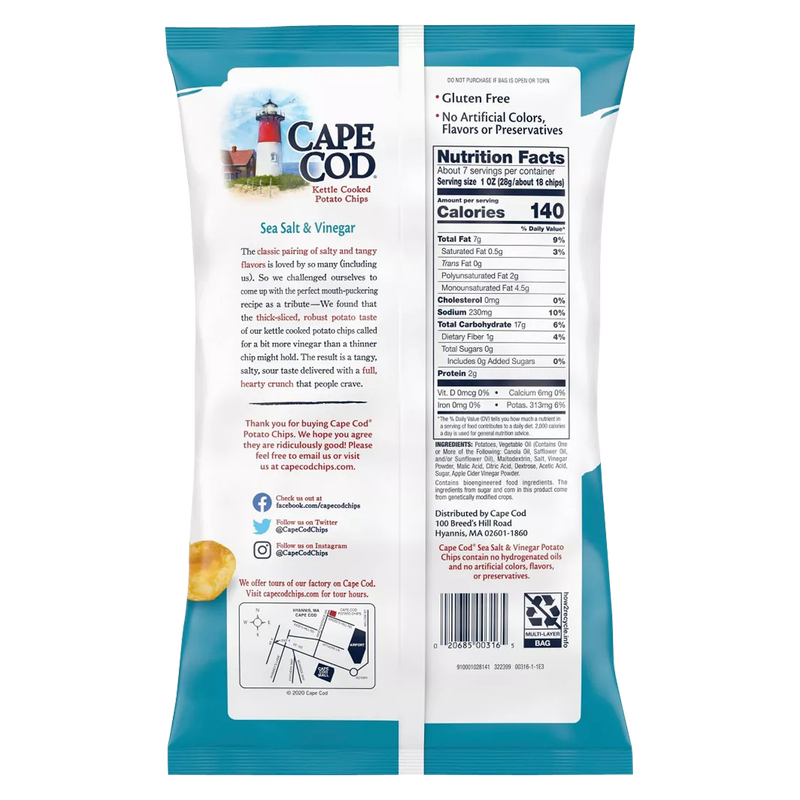 Cape Cod Sea Salt & Vinegar Kettle Cooked Potato Chips 7.5oz : Snacks ...