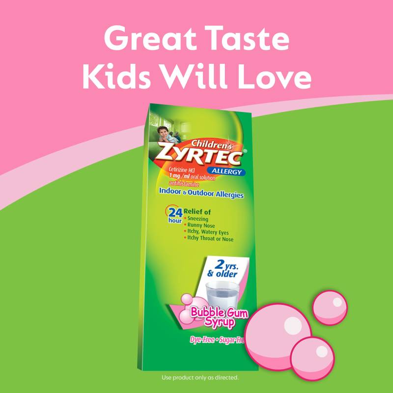 Children’s Zyrtec Allergy Syrup, Dye-Free, Sugar-Free Bubble Gum, 4 Fl ...