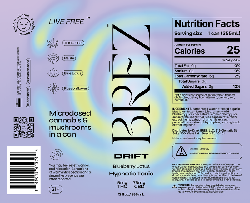 BREZ 5mg THC Drift Blueberry Lotus Tonic 12oz Can - Delivered In As ...
