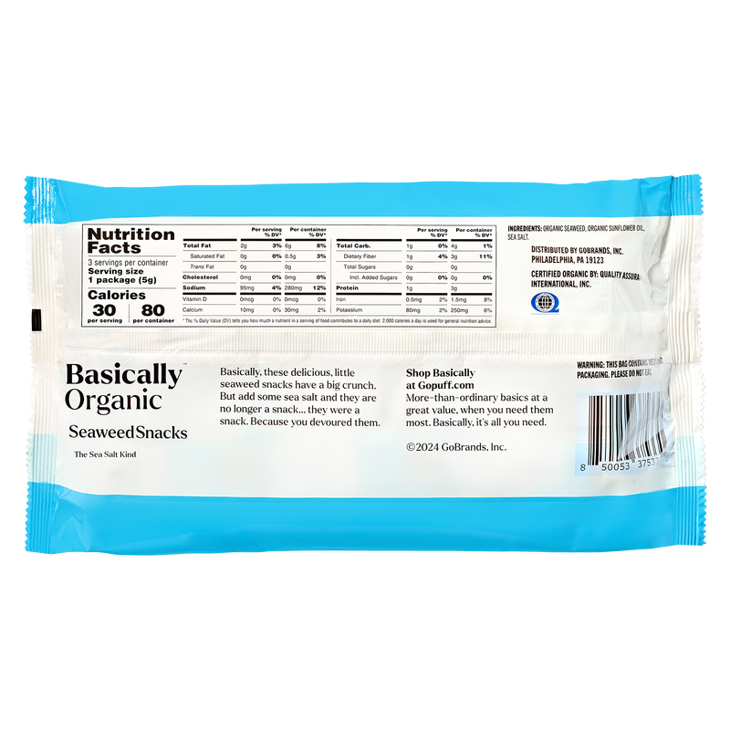 Basically Organic Sea Salt Seaweed Snacks, 3 pack - Delivered In As ...