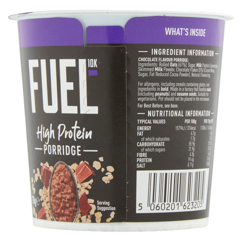 FUEL10K High Protein Chocolate Porridge Oat Cereal Pot, 70g : Food ...