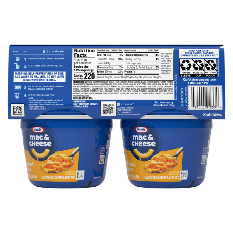 Kraft Original Mac and Cheese Cups Easy Microwavable Dinner, 4ct ...