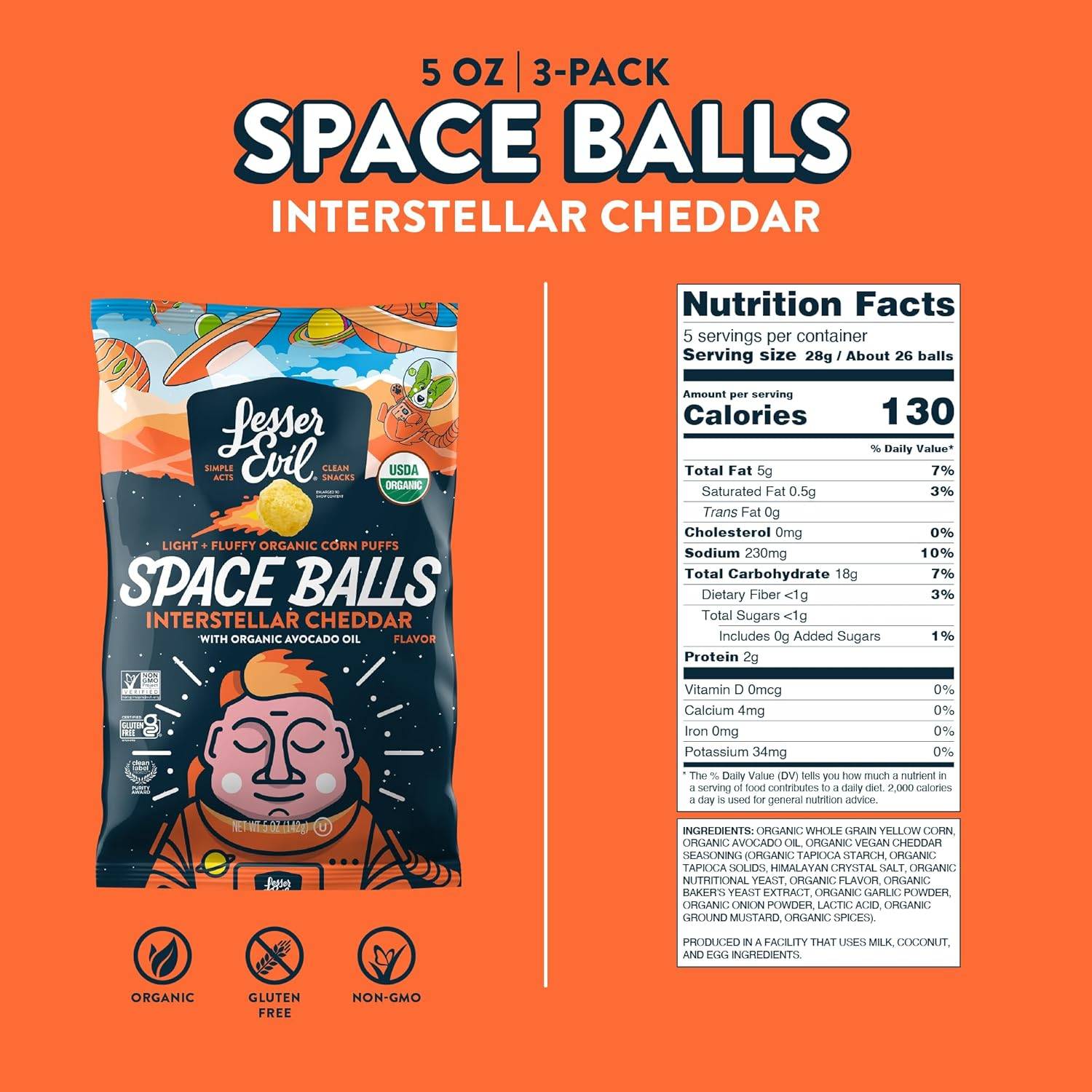 LesserEvil Space Balls, Real Organic Cheddar, 5oz - Delivered In As ...