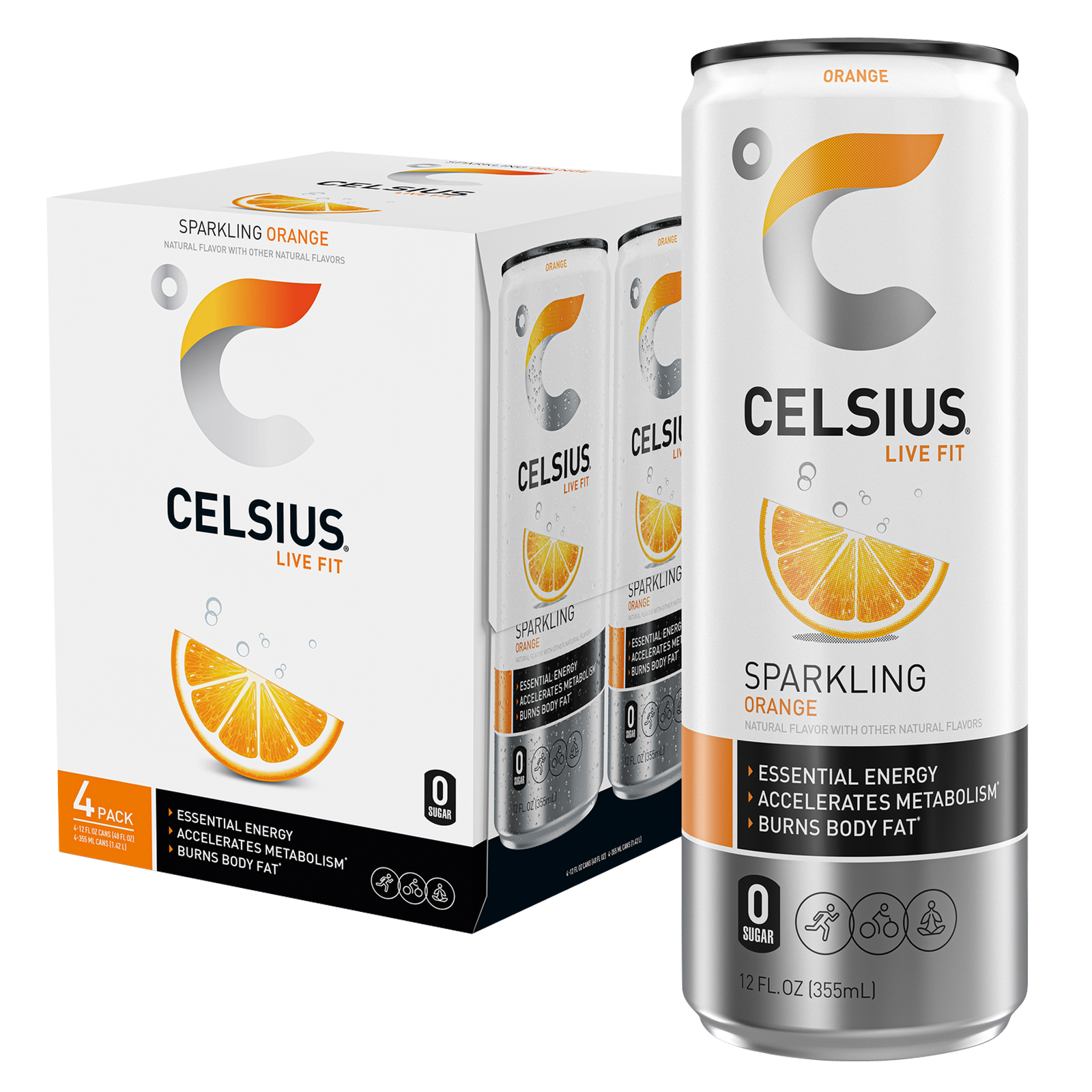 CELSIUS Sparkling Orange Essential Energy Drink, 4 Pack 12oz Can ...