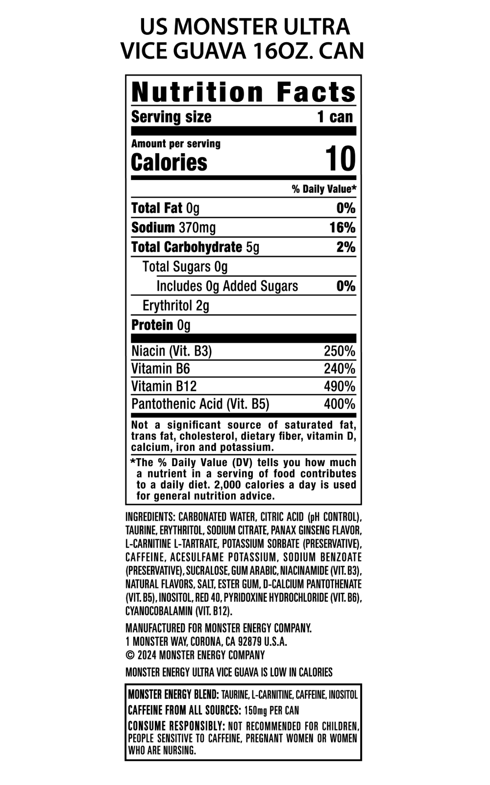 Monster Energy Ultra Vice Guava Energy Drink 16oz Can - Delivered In As ...